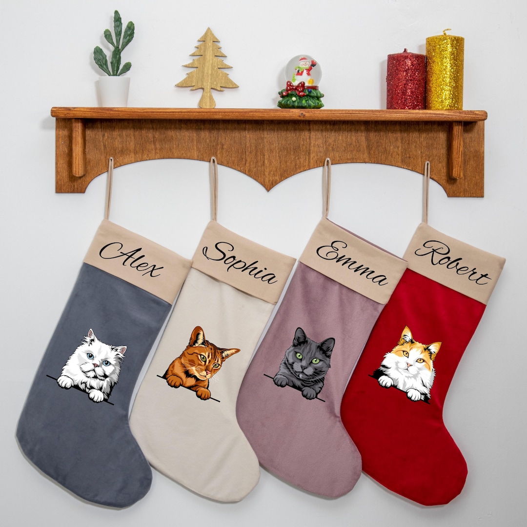 Personalized Christmas Cat Stockings With Name, Custom Velvet Christmas ...