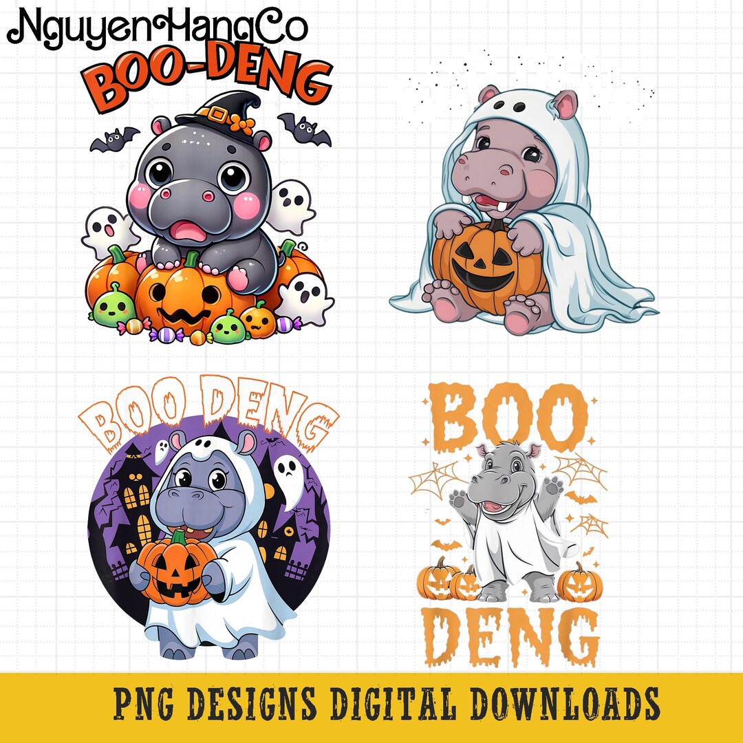 4 Funny Moo Deng Halloween Png Bundle , Baby Hippo Png, Moo Deng PNG ...