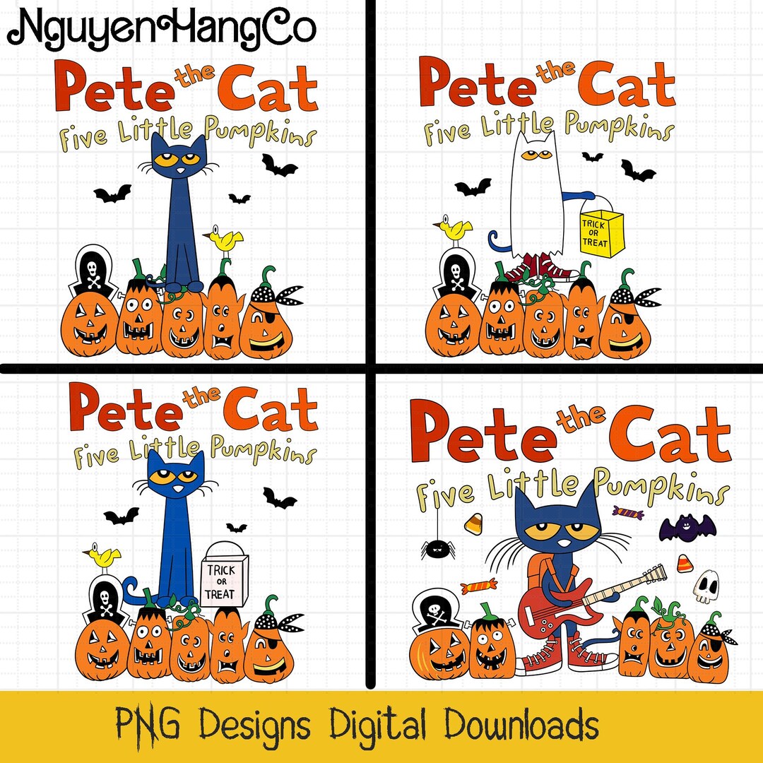4 Pete the Cat Five Little Pumpkin Bundle, Groovy Cat Halloween Png ...