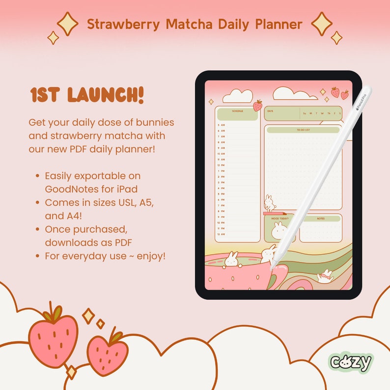 Strawberry Matcha Daily Planner | Digital Planner, Kawaii Planner, Cute ...