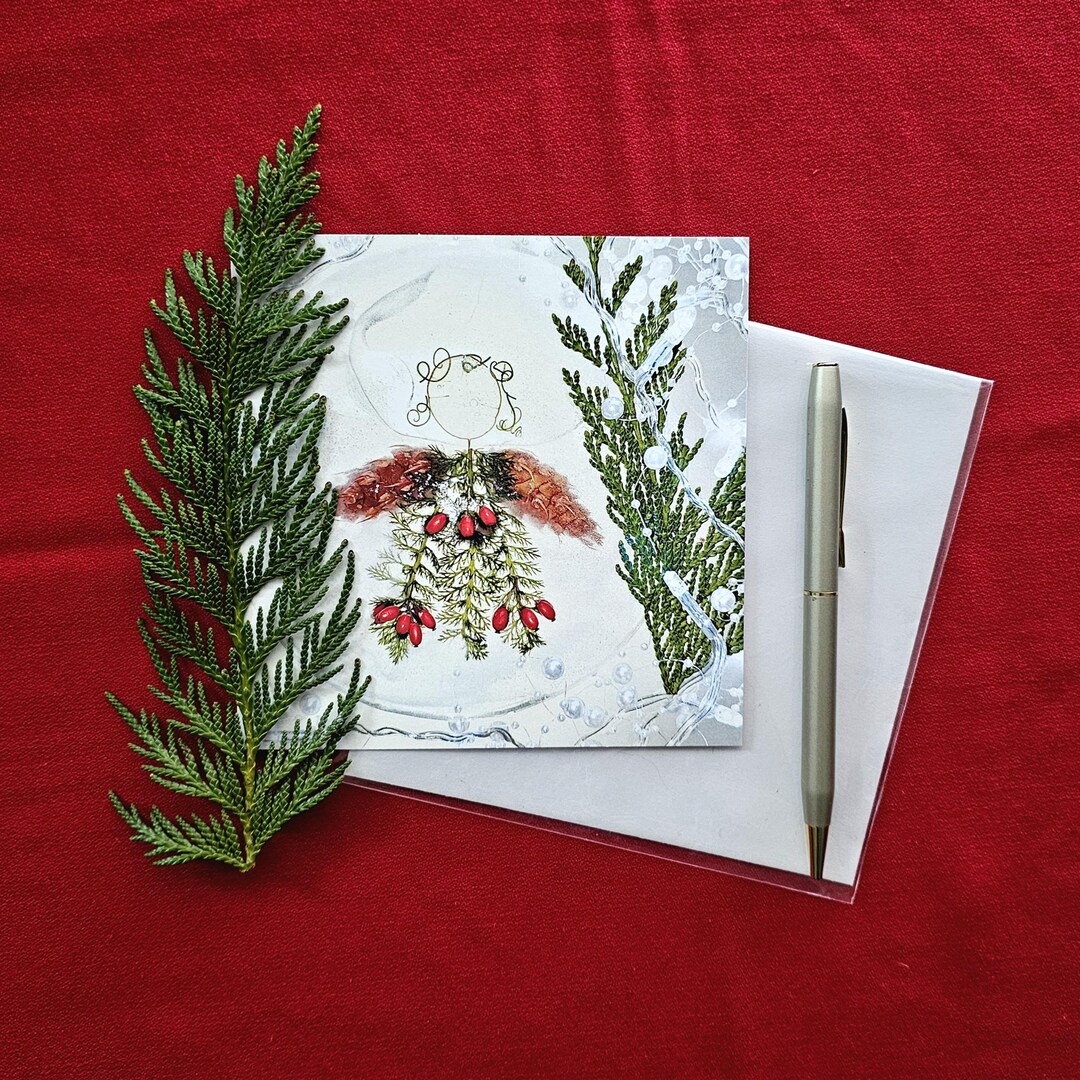 Pinecone Angel Christmas Card | Balsam Fir, Yarrow, Barberries, Red ...