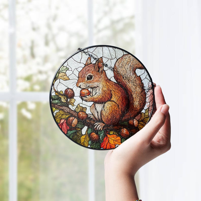 Squirrel Stained Glass Suncatcher, Squirrel With Mushroom Suncatcher ...