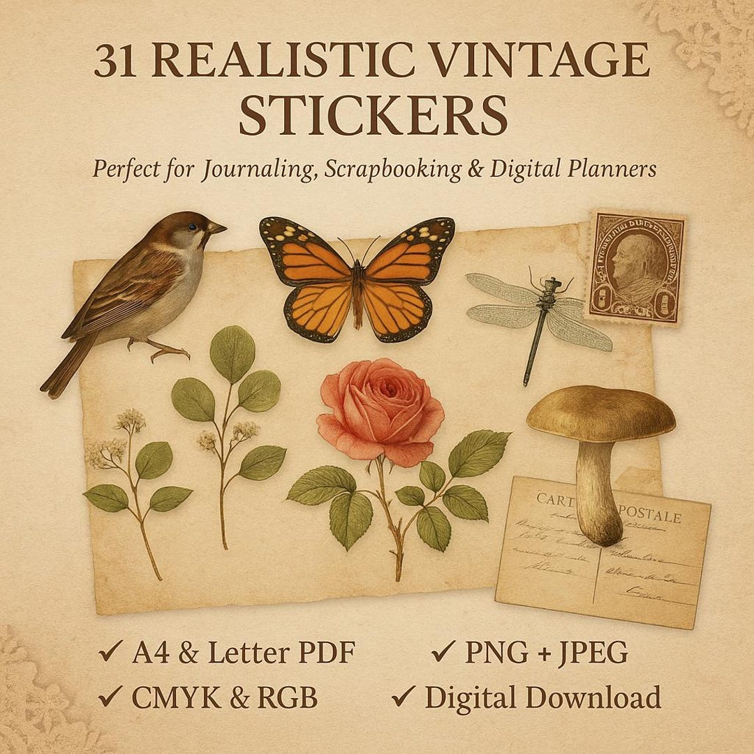 31 Vintage Realistic Stickers – Printable Journal & Scrapbook Set (A4 ...