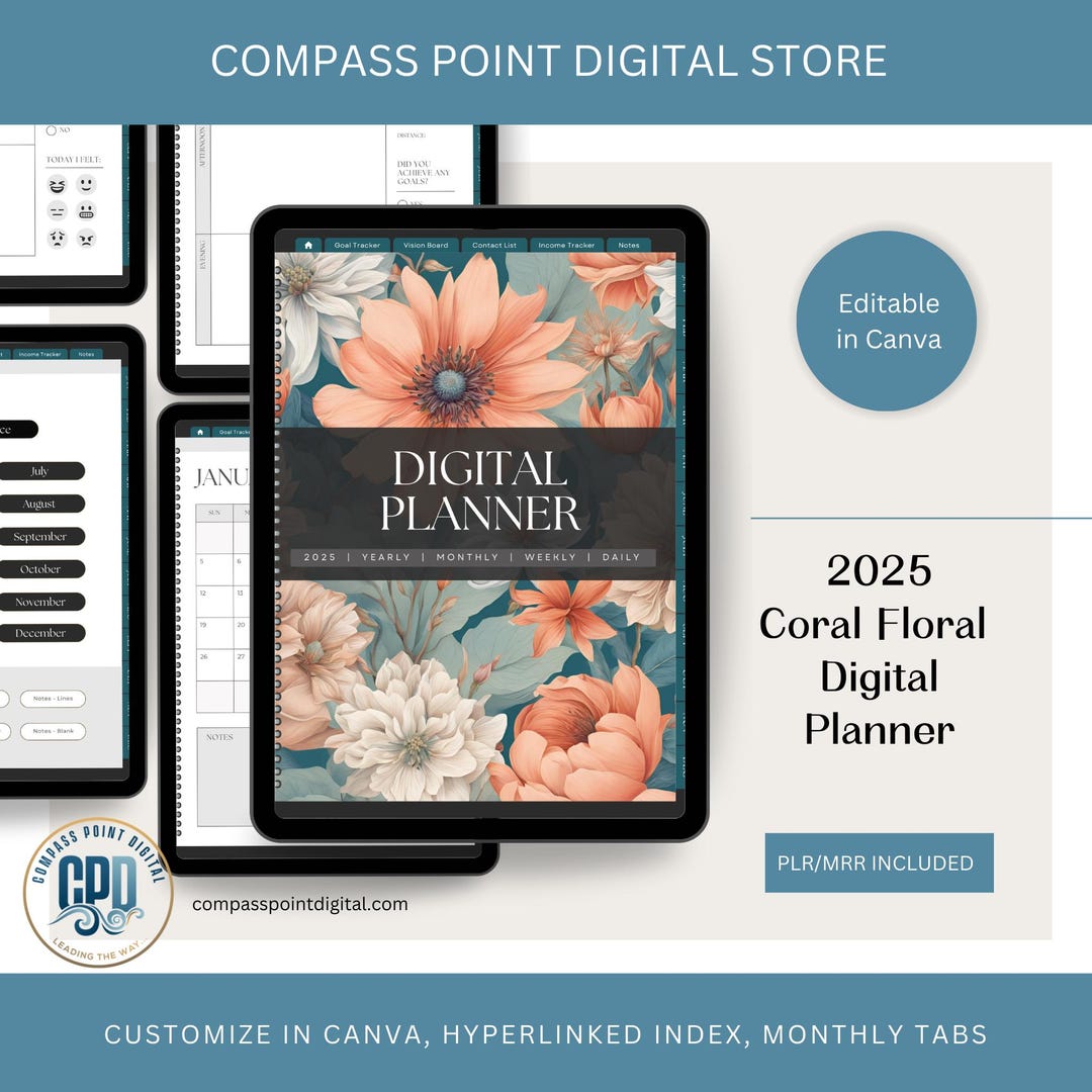 Coral Floral 2025 Digital Planner - Etsy