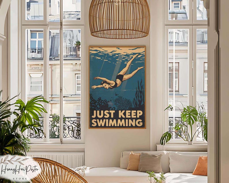 Vintage Just Keep Swimming Poster Wall Art, Keep Swimming, Keep ...