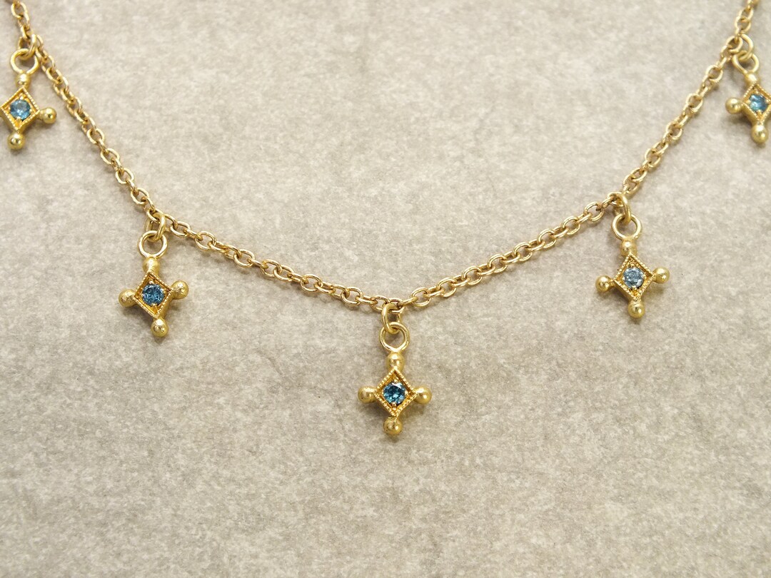 18k Solid Gold Blue Diamond Star Station Necklace: Dainty Celestial ...