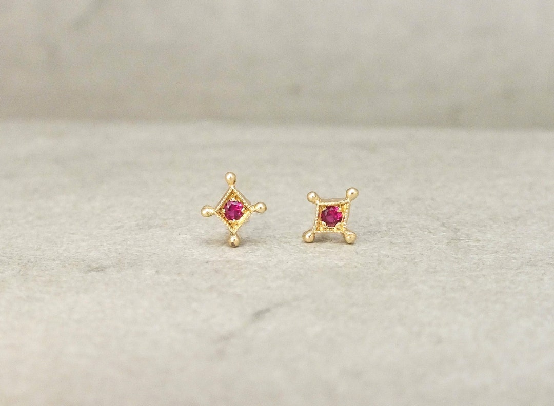 Tiny Ruby Starburst Stud Earrings: 18k Solid Gold, July Birthstone - Etsy