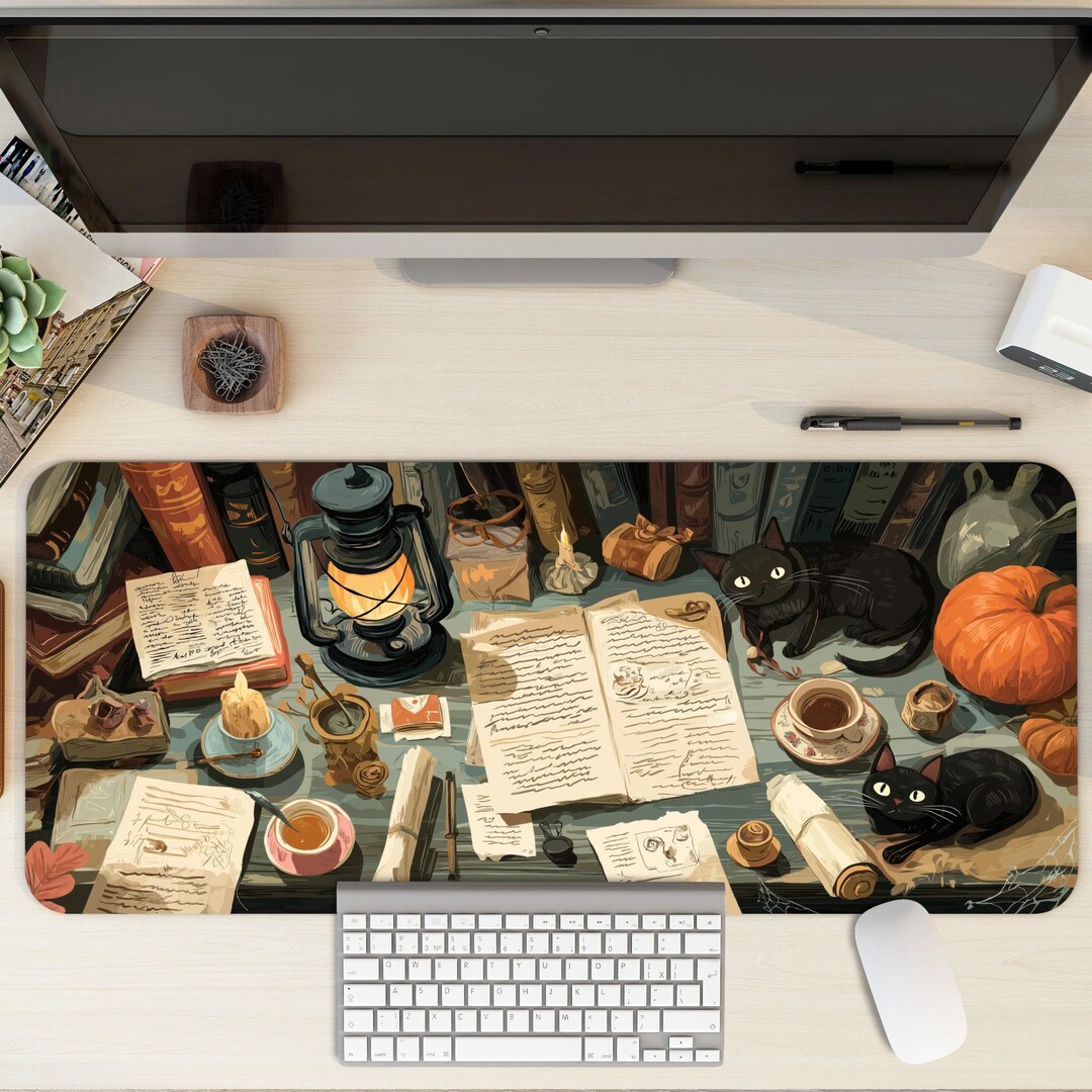 Witchy Halloween Desk Mat | Grimoire Scholarly Desk, Black Cats and ...