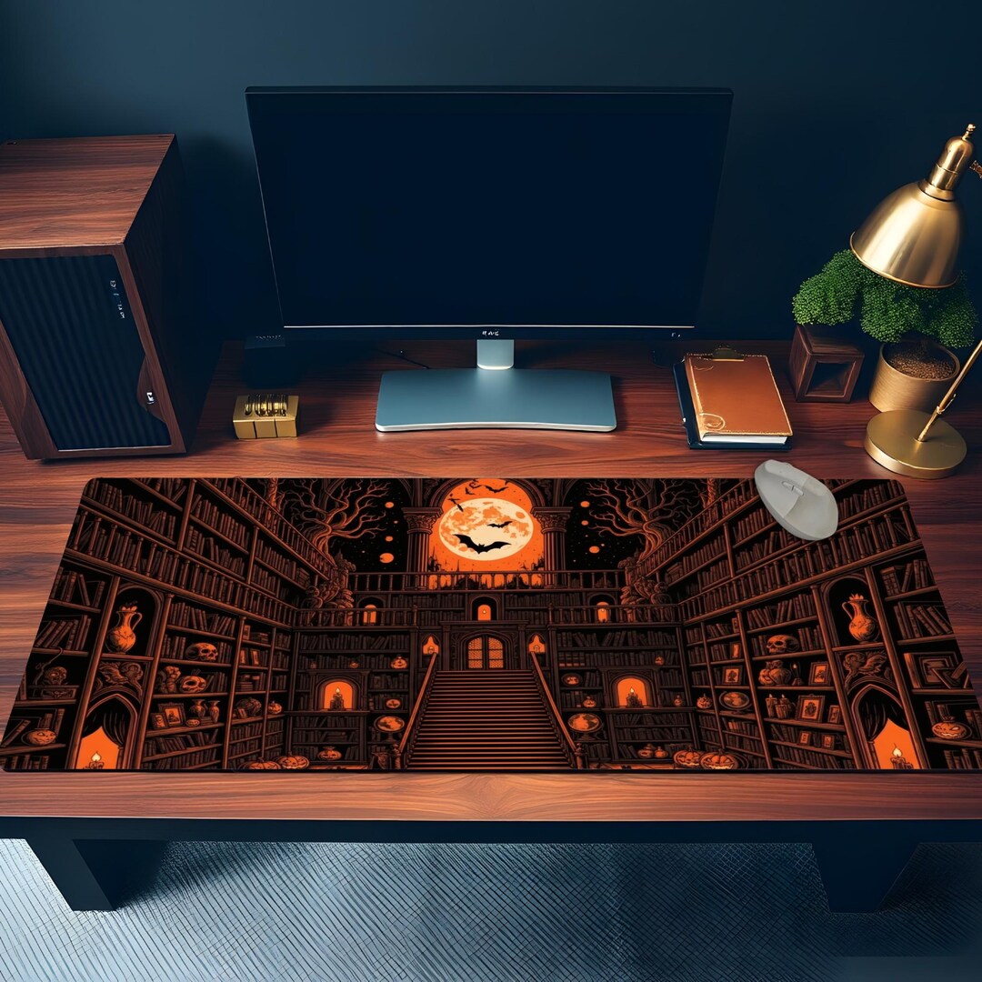 Horror Halloween Desk Mat | Gothic Library Moonlit Bats | Orange Black ...