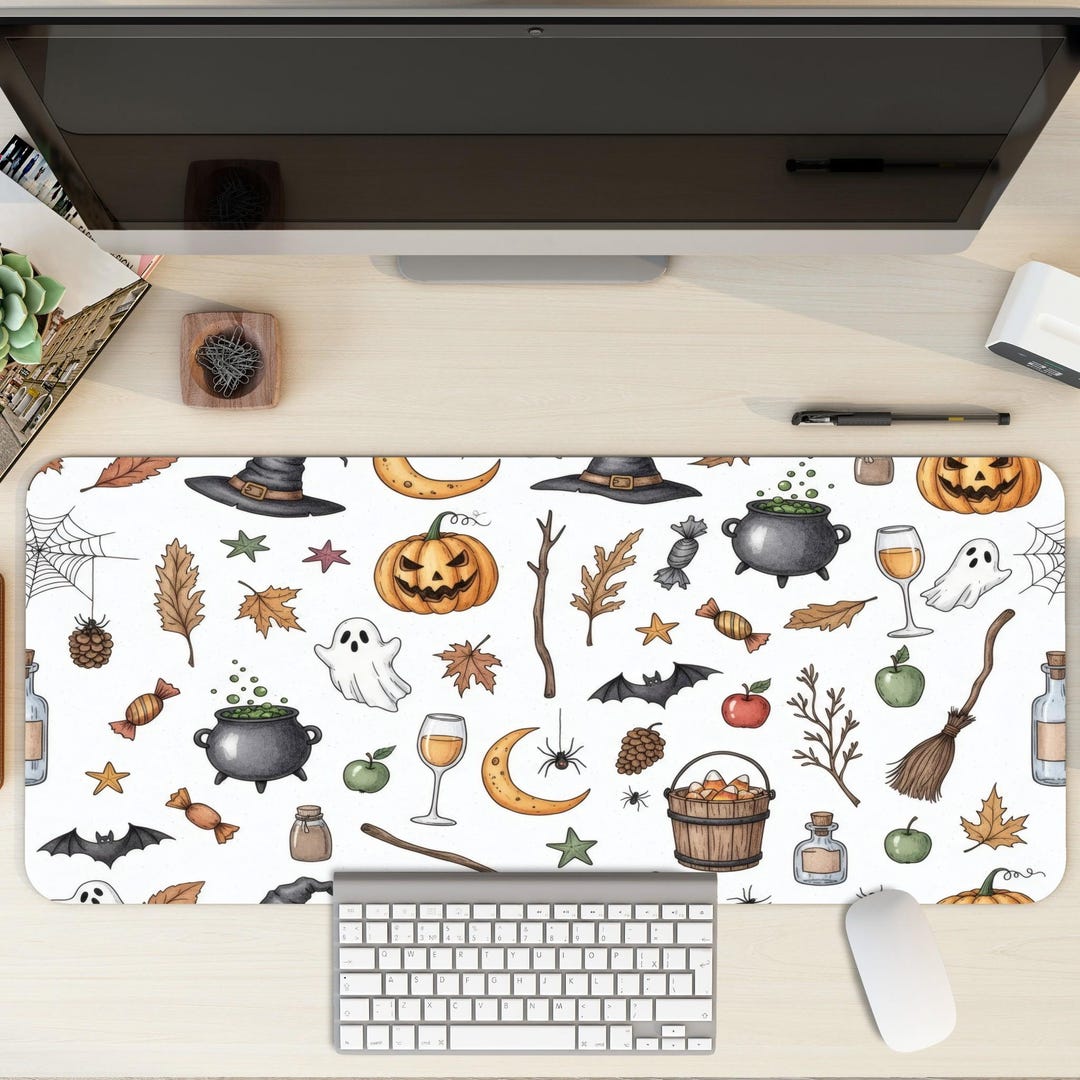 Whimsical Halloween Desk Mat | Spooky Ghost, Pumpkin Desk Pad | Rustic ...