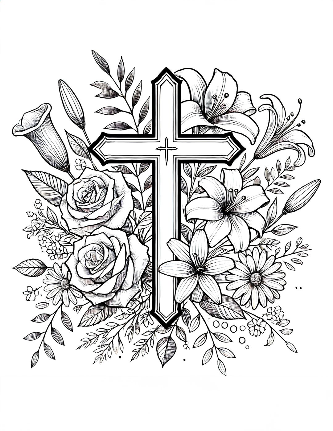 Easter Cross Coloring Page With Floral Design | Christian Coloring ...