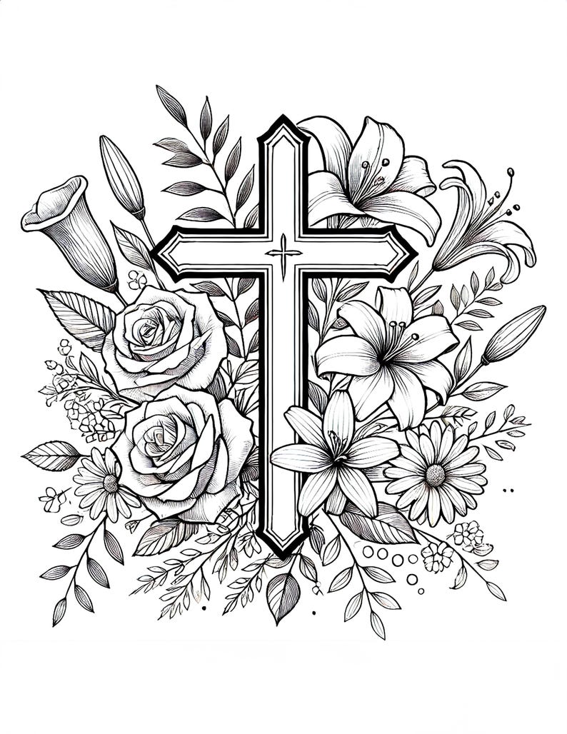 Easter Cross Coloring Page With Floral Design | Christian Coloring ...