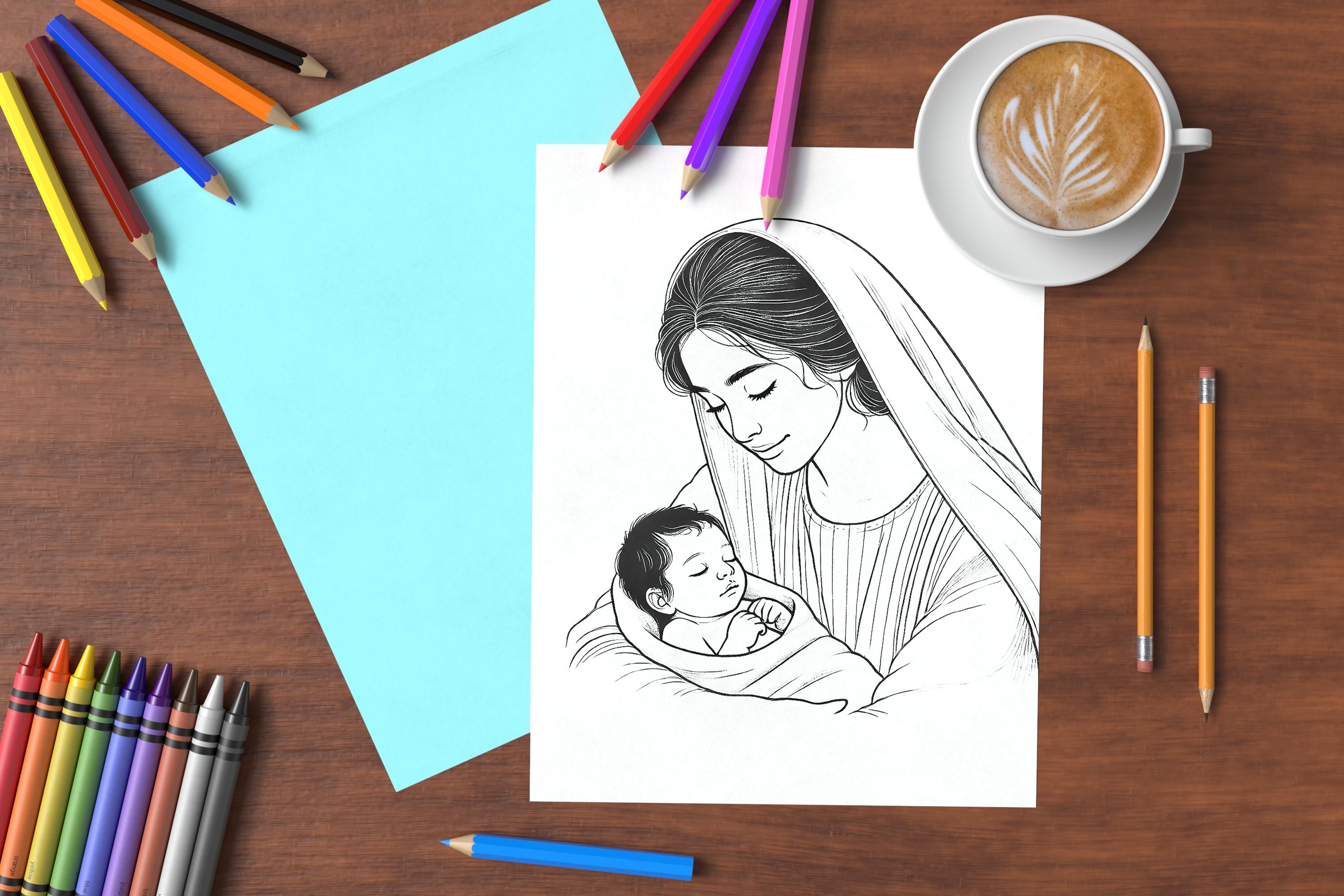 Christian Christmas Coloring Page: Mary and Jesus - Printable 8.5x11 ...