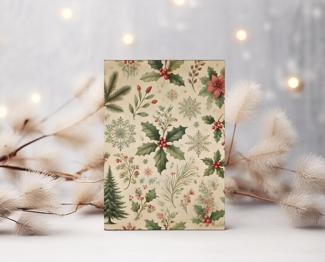 Vintage Christmas Botanical Holiday Card, Rustic Nature-inspired ...