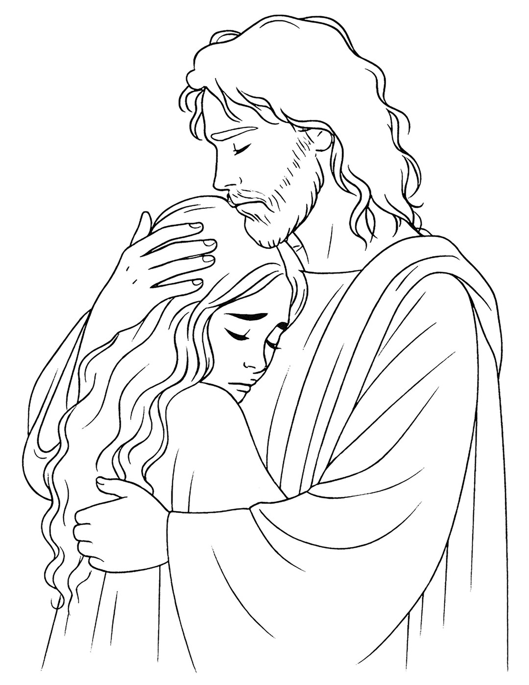 Christian Coloring Page of Jesus Comforting Girl – 8.5x11" 300 DPI ...