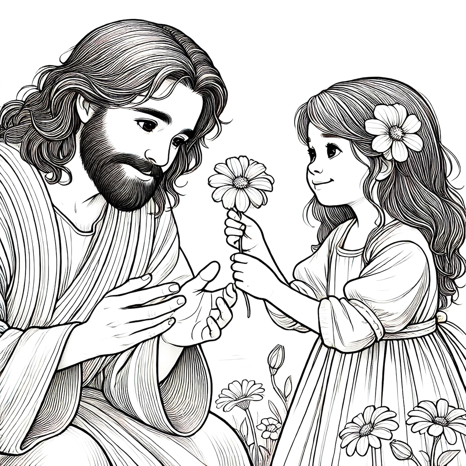 Christian Coloring Page: "a Little Girl Gives a Flower to Jesus ...