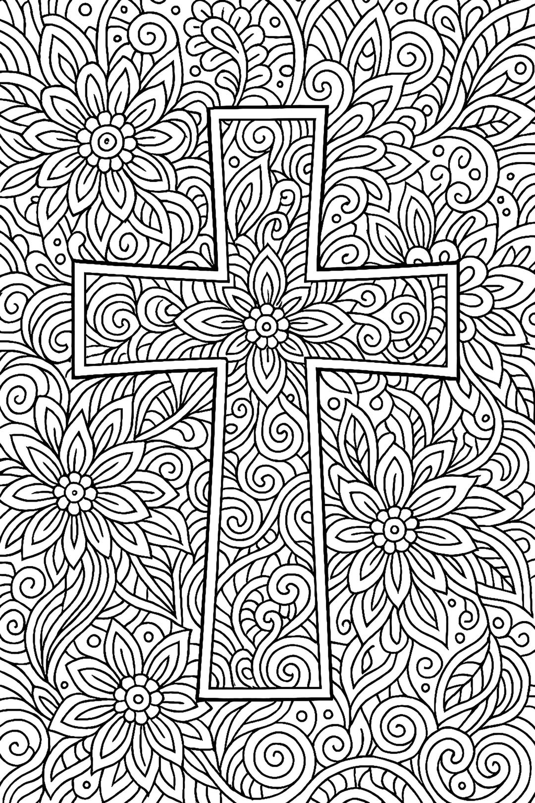 Christian Coloring Page of an Easter Cross With Floral Design ...