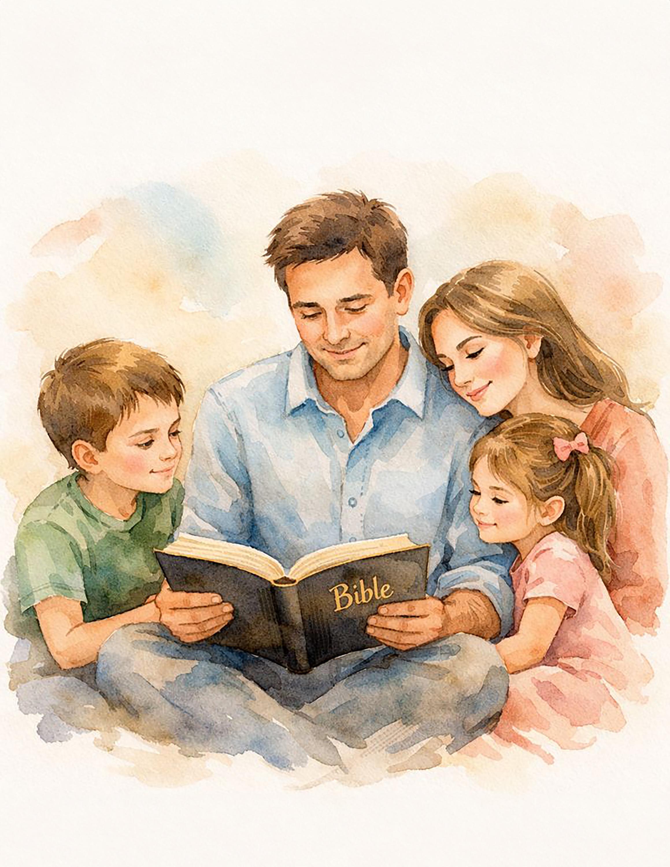 Christian Family Bible Reading Printable Wall Art, Watercolor Family ...