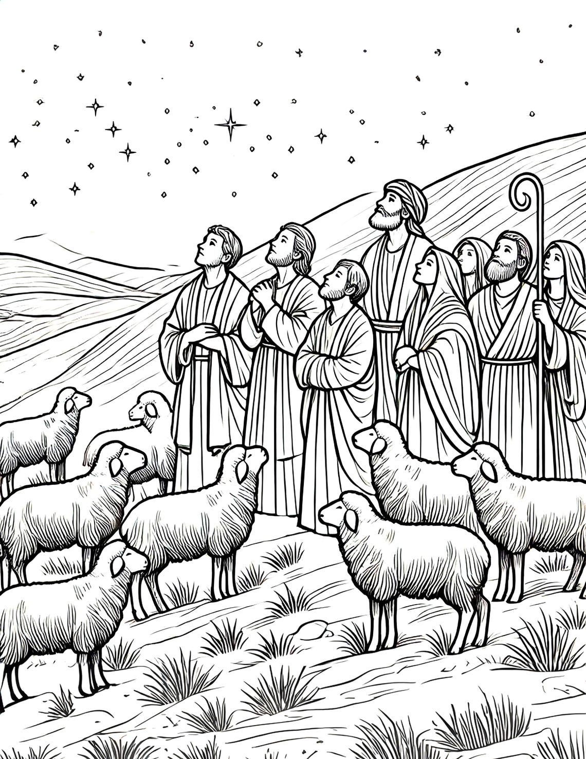 Christian Christmas Coloring Page: Shepherds in the Fields - Printable ...