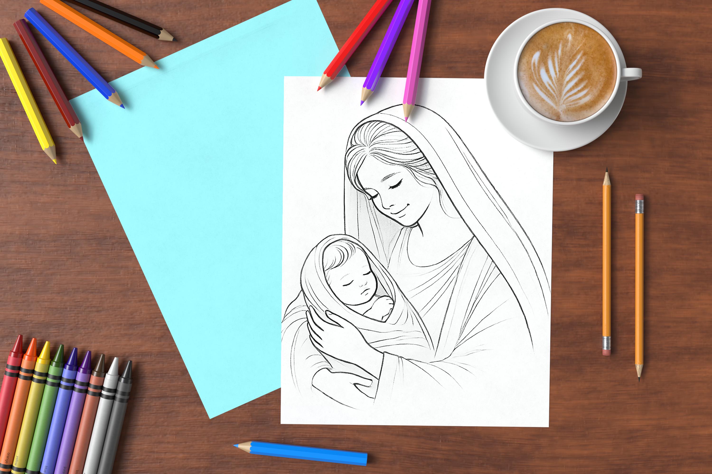 Christian Christmas Coloring Page: Mary and Jesus - Printable 8.5x11 ...