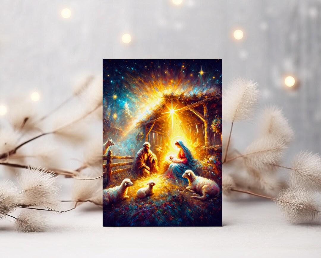 Nativity Scene Christmas Card, Christian Art, Mary and Joseph, Baby ...