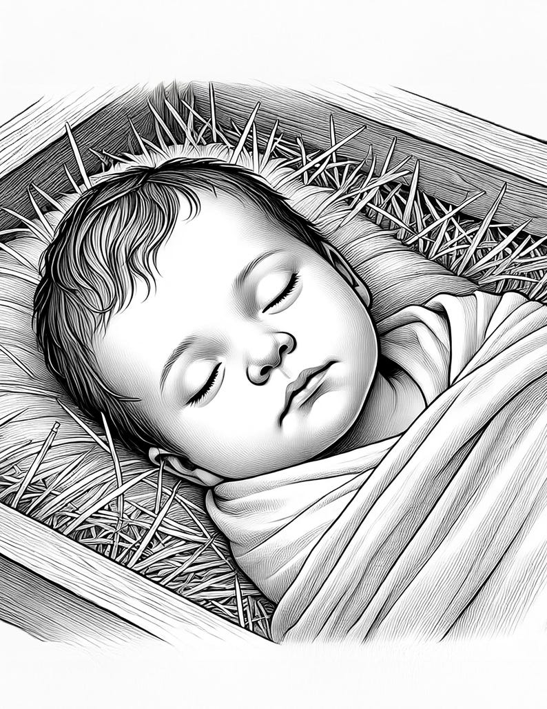 Christian Christmas Coloring Page of Baby Jesus in the Manger– 300dpi ...