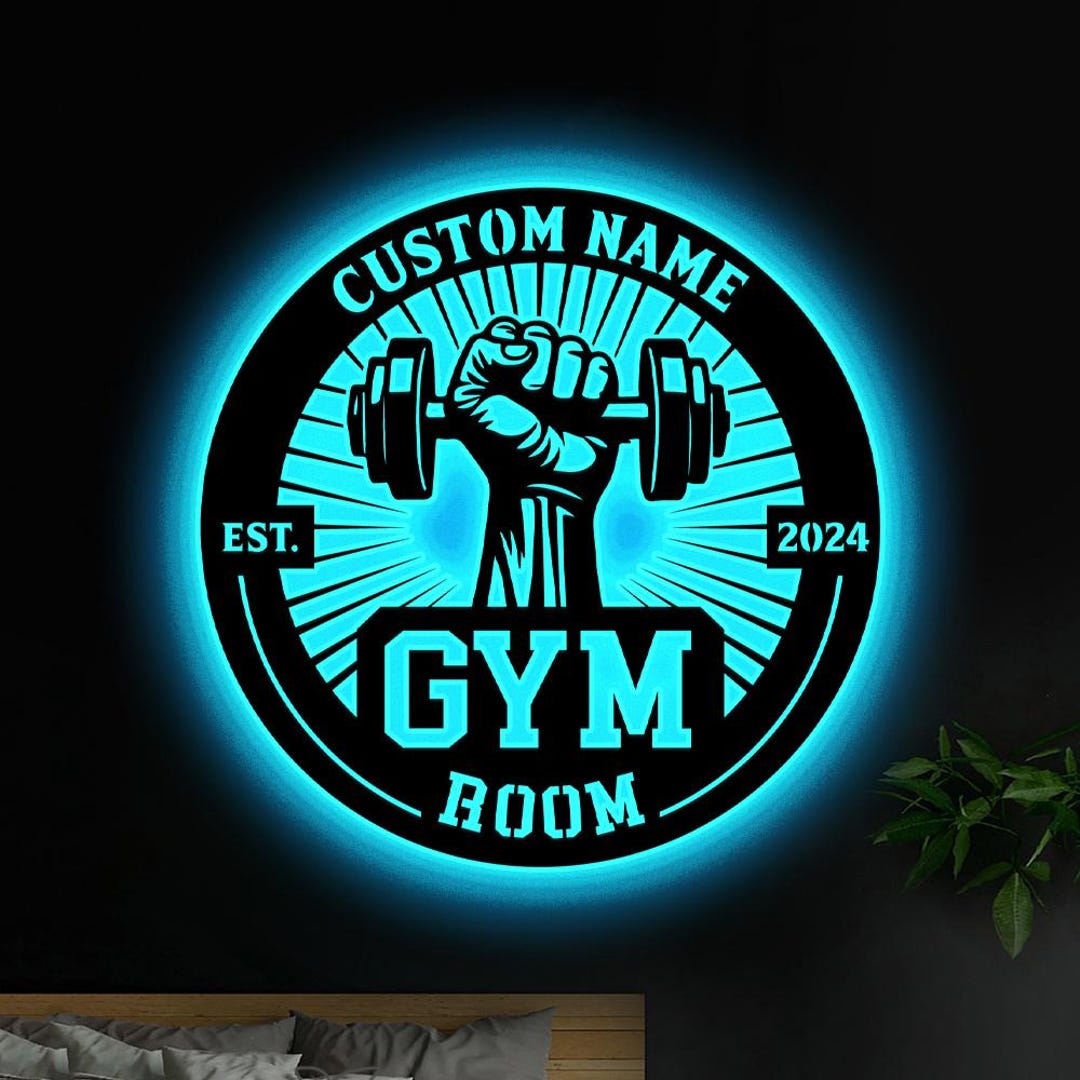 Personalized Gym Metal Sign With Lights, Powerlifting Sport Metal Wall ...