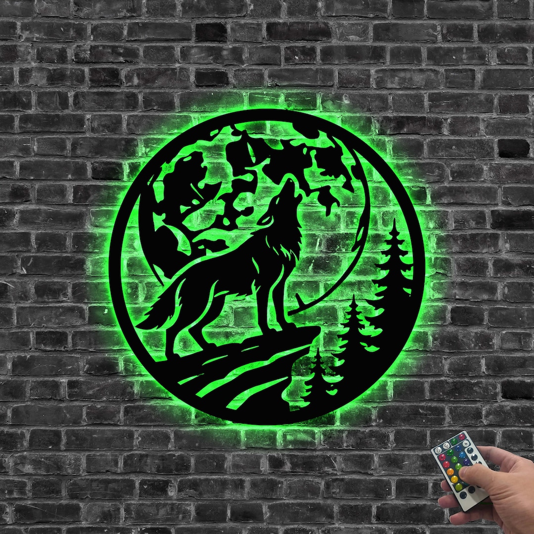 Wolf Metal Sign Wall With Led Lights, Wolf Metal Wall Decor, Wolf and ...