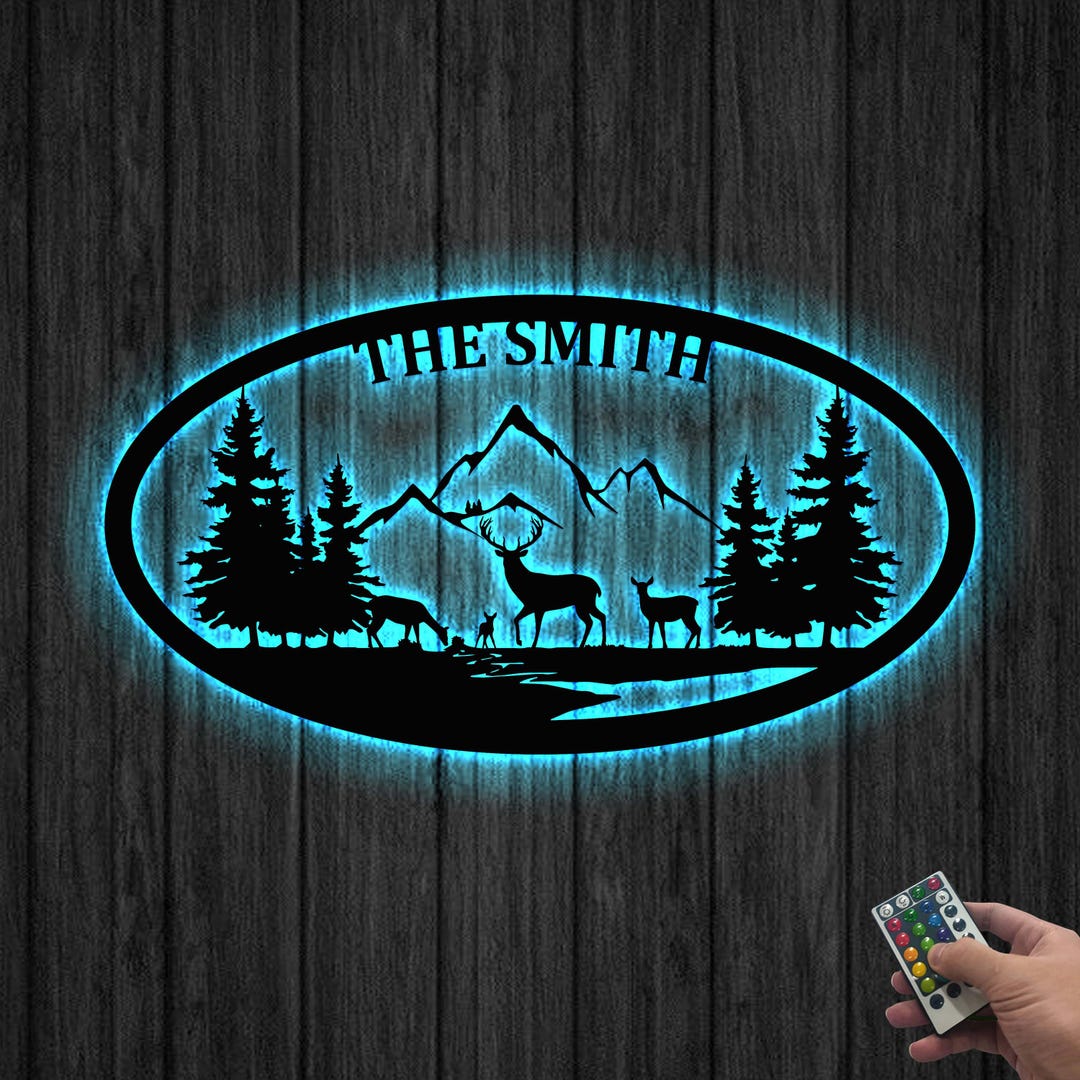 Custom Deer Forest Metal With Led Lights, Personalized Deer Family Name ...