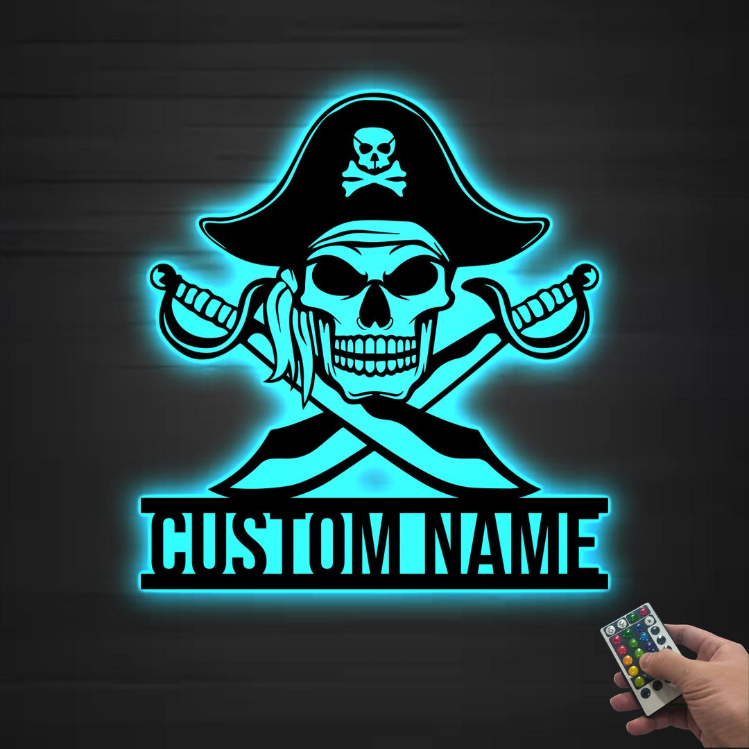 Custom Pirate Skull Swords Metal Sign Wall Art With Led Lights ...