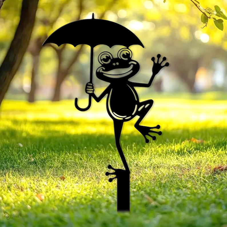 Frog Garden Stake, Cute Metal Frog With Umbrella Yard Art, Gift for Mom ...