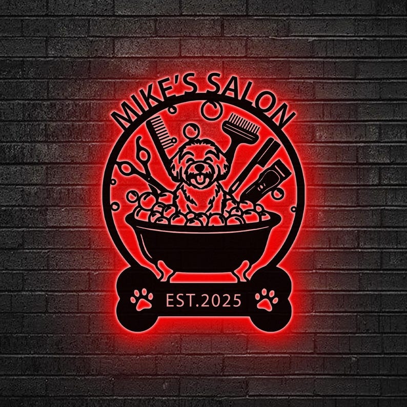 Custom Dog Grooming Metal Led Lights, Pet Grooming Sign, Personalized ...