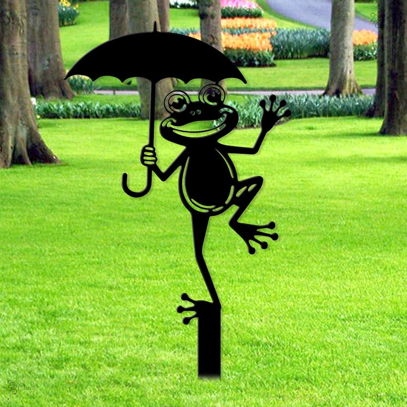 Frog Garden Stake, Cute Metal Frog With Umbrella Yard Art, Gift for Mom ...