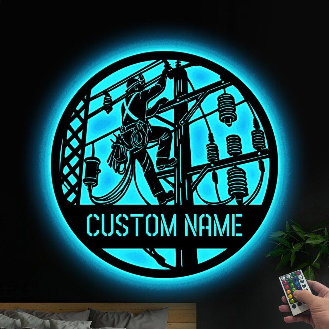 Custom US Lineman Metal Wall Art With LED Light, Personalized Lineman Name Sign Decoration for ...