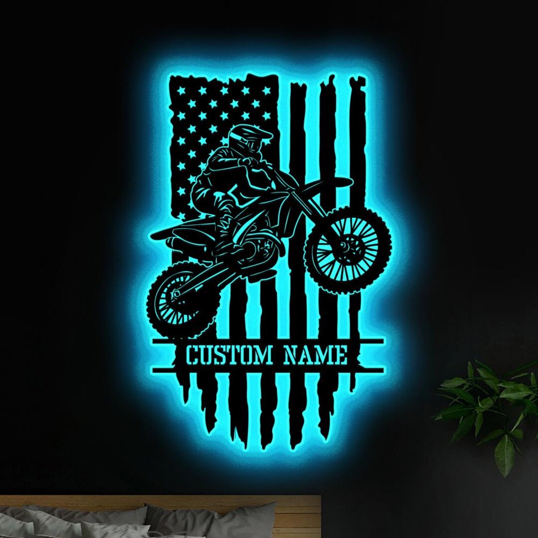 Customized US Flag Biker Metal Sign With Lights, Dirt Bike Signs ...