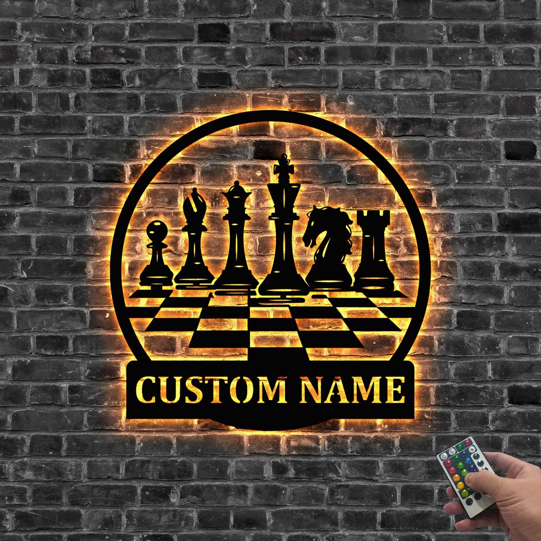 Custom Chess Metal Wall Art LED Light Personalized Chess Player Name ...