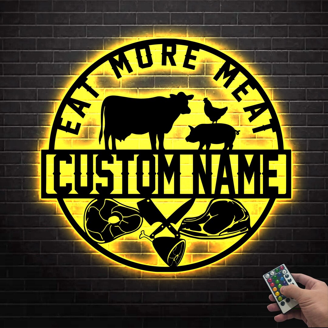 Custom Cow Pig Meat Shop Farmhouse Metal Wall Art LED Lights ...