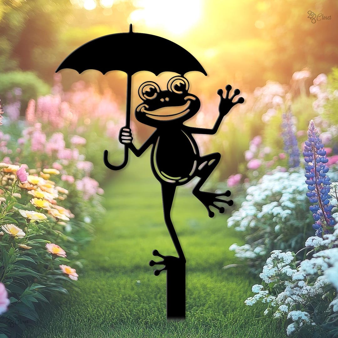 Frog Garden Stake, Cute Metal Frog With Umbrella Yard Art, Gift for Mom ...