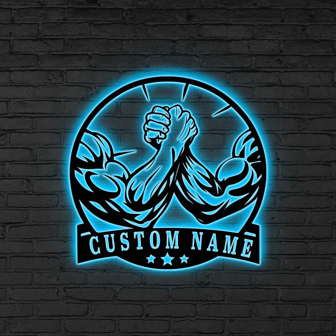 Custom Arm Wrestling LED Metal Sign, Personalized Gym Wall Light, Arm ...