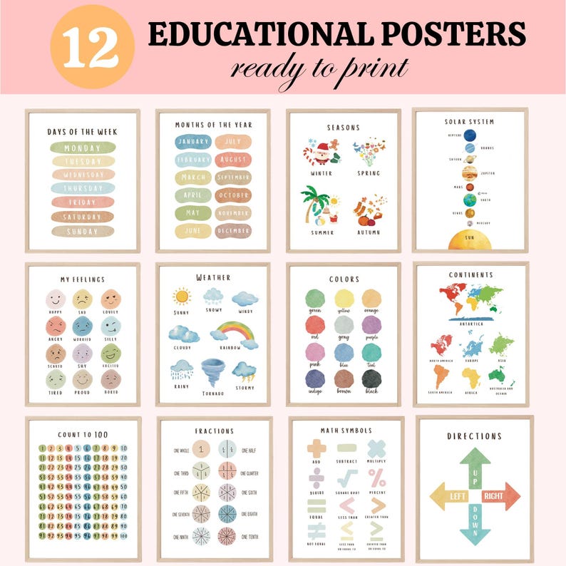 Set of 12 Educational Posters for Kids - Days of the Week, Months ...