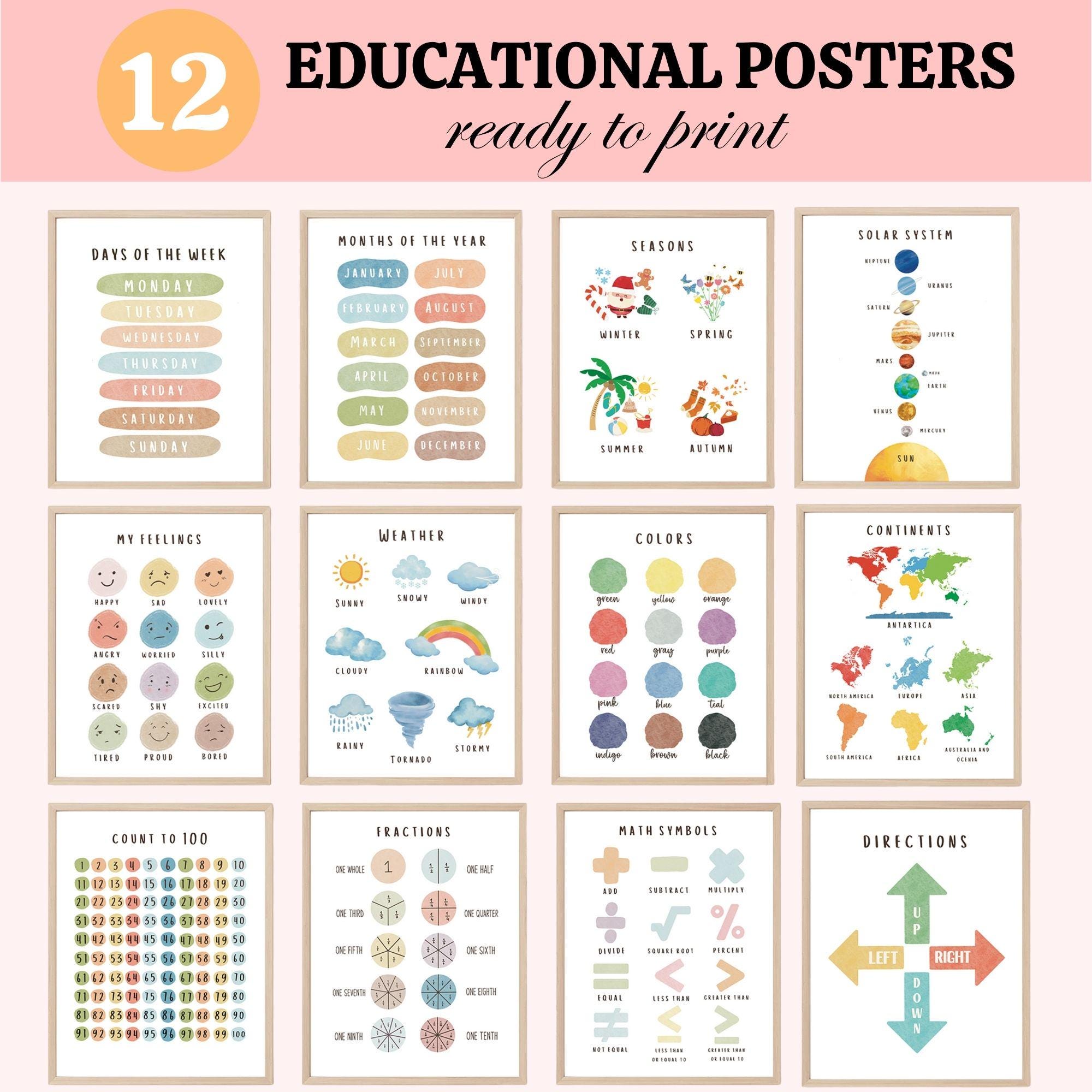 Set of 12 Educational Posters for Kids - Days of the Week, Months ...