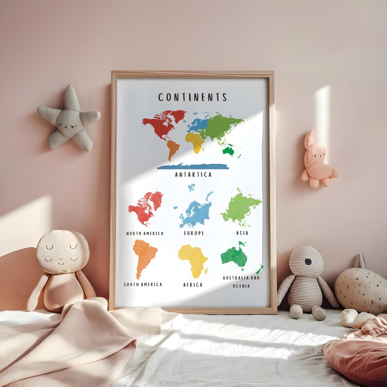Colorful Continents Map Poster for Kids - Educational World Map Wall ...
