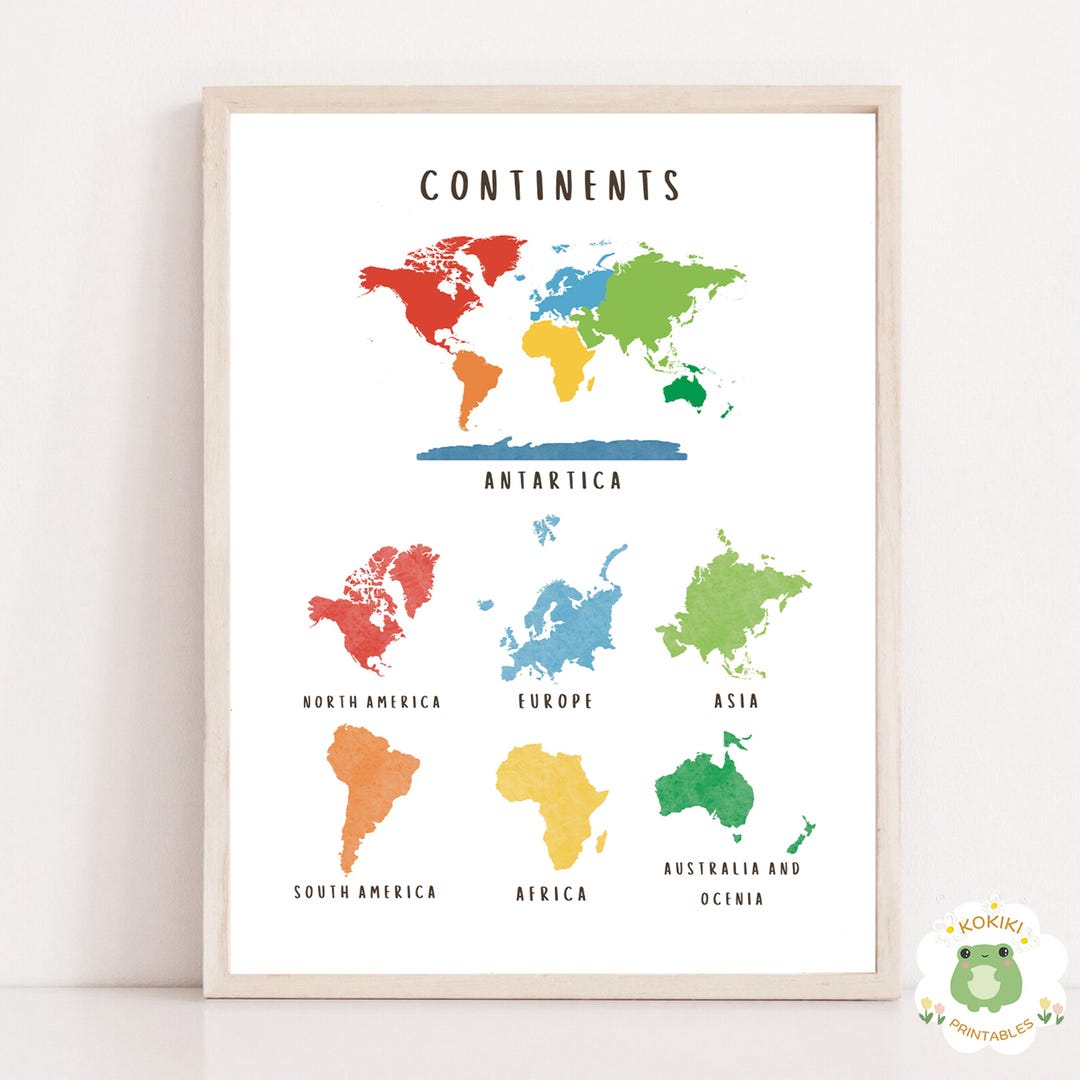 Colorful Continents Map Poster for Kids - Educational World Map Wall ...