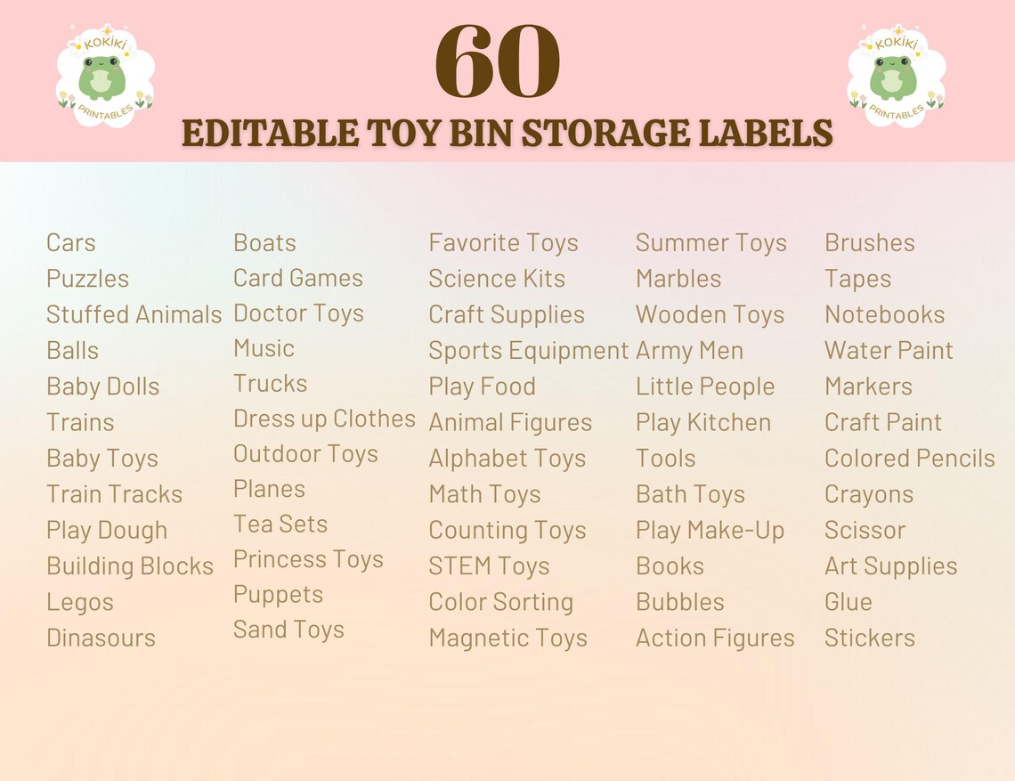 60 Customizable Toy Bin Labels, Toy Bin Labels Set - 60 Editable ...
