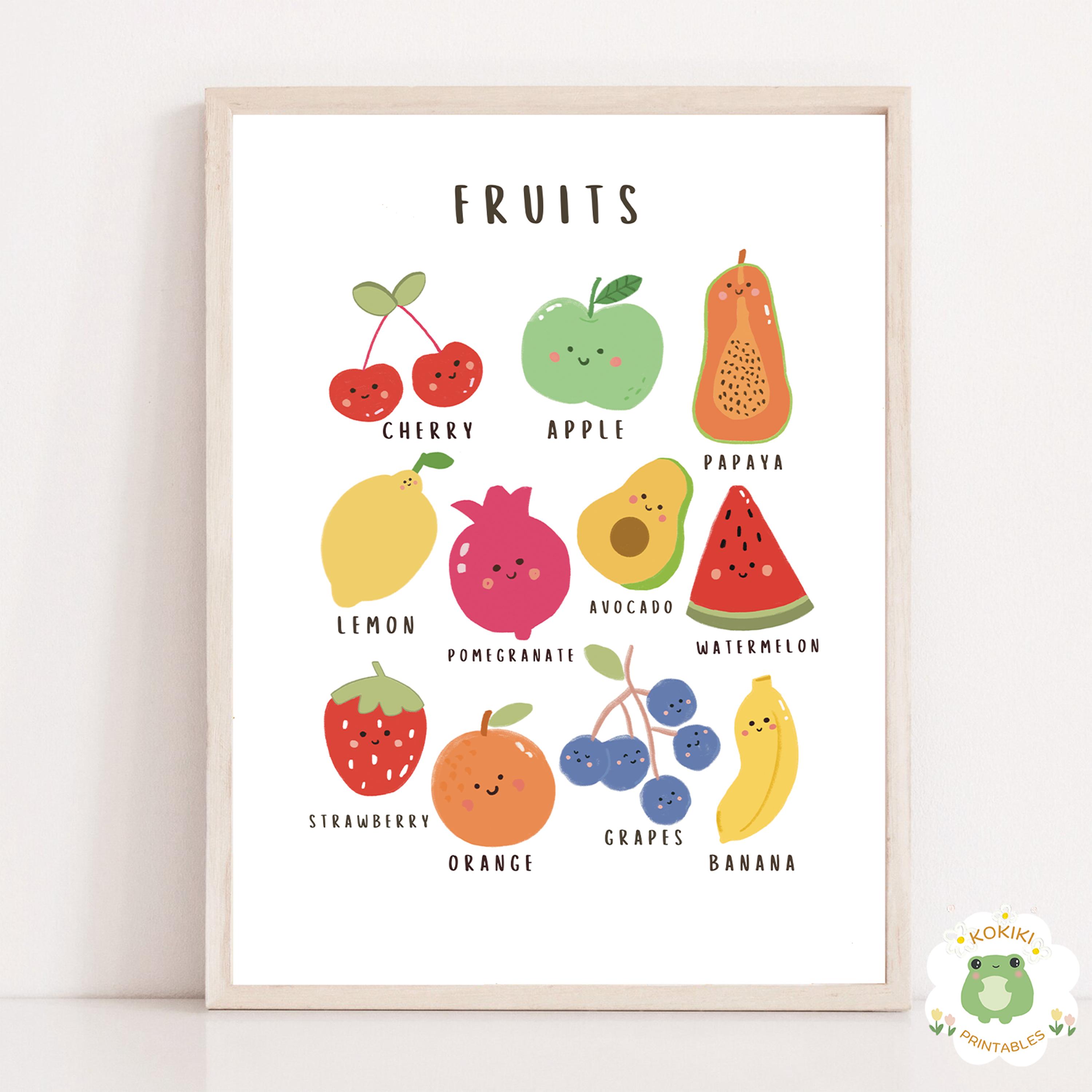 Colorful Cute Fruit Illustrations for Kids, Educational Print, Adorable ...