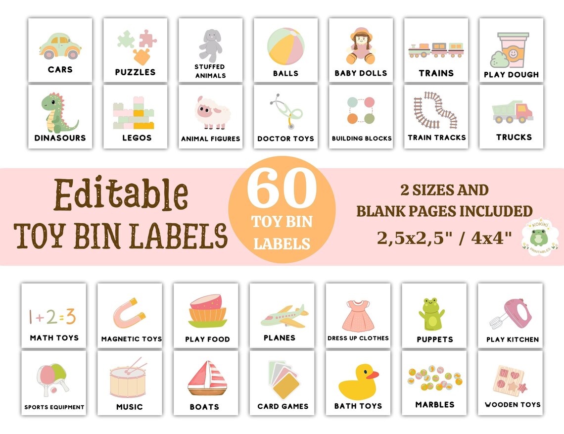 60 Customizable Toy Bin Labels, Toy Bin Labels Set - 60 Editable ...