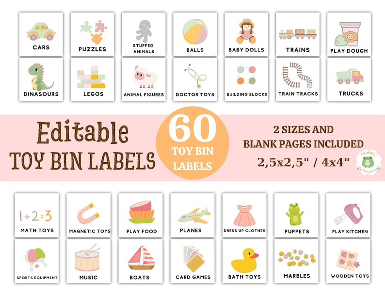 60 Customizable Toy Bin Labels, Toy Bin Labels Set - 60 Editable ...