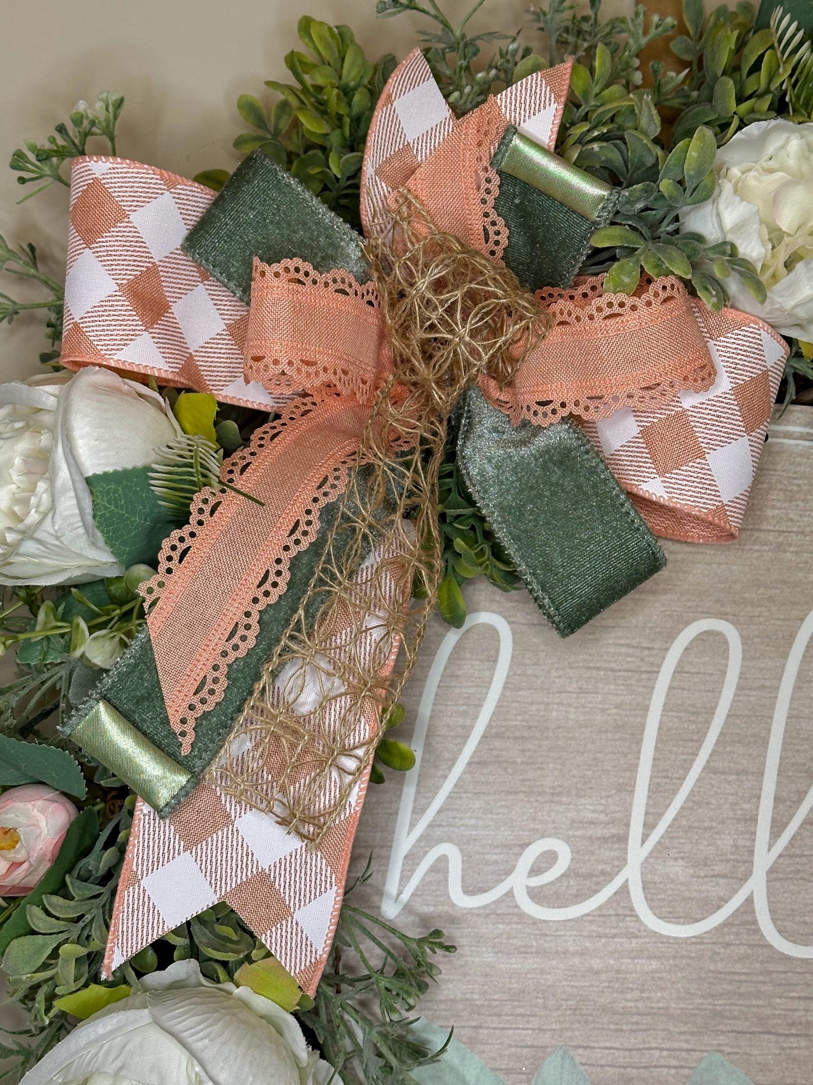 Hello Wreath for Front Door, Peach Floral Grapevine Wreath, Everyday ...