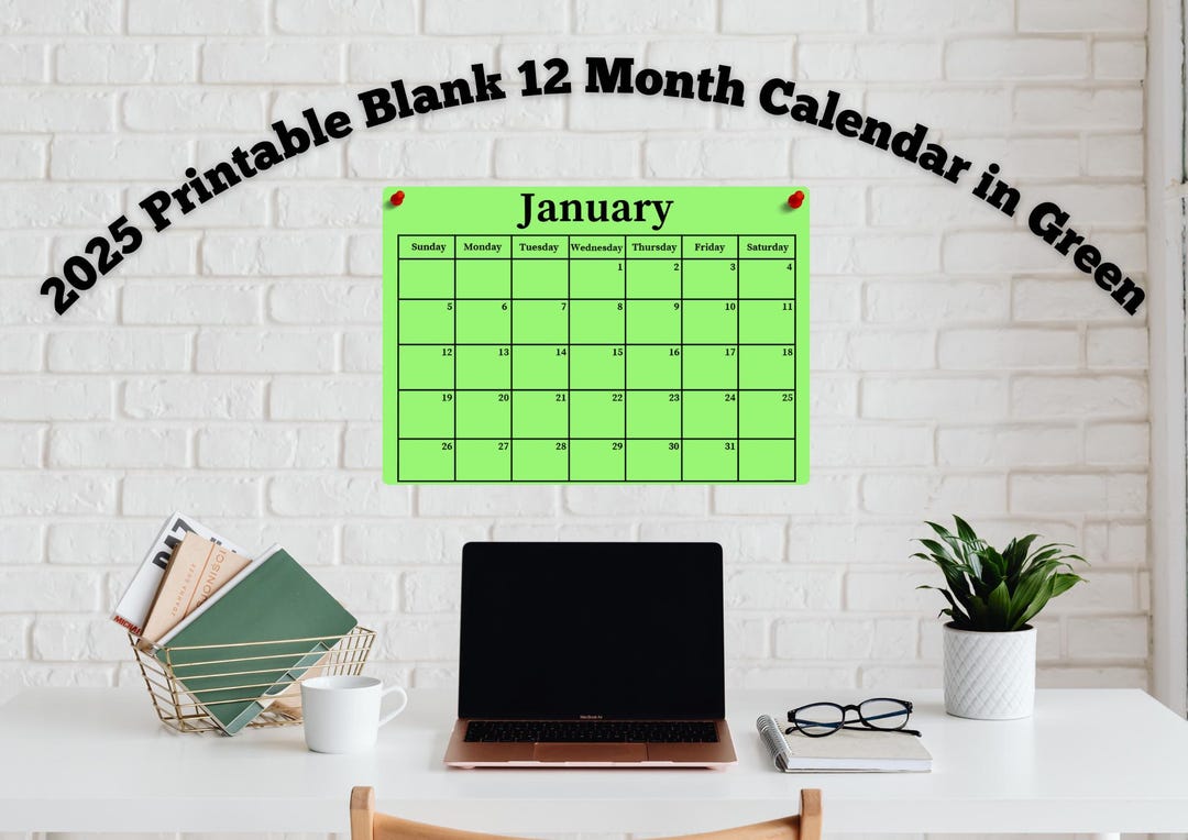 2025 Printable Green Blank Calendar | Minimalist 12-month Wall Planner ...
