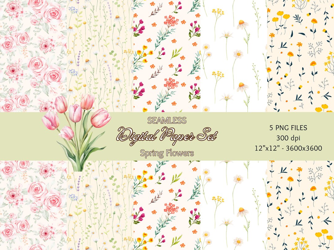 Spring Flowers Seamless Digital Paper Floral Scrapbook Paper 12 X12